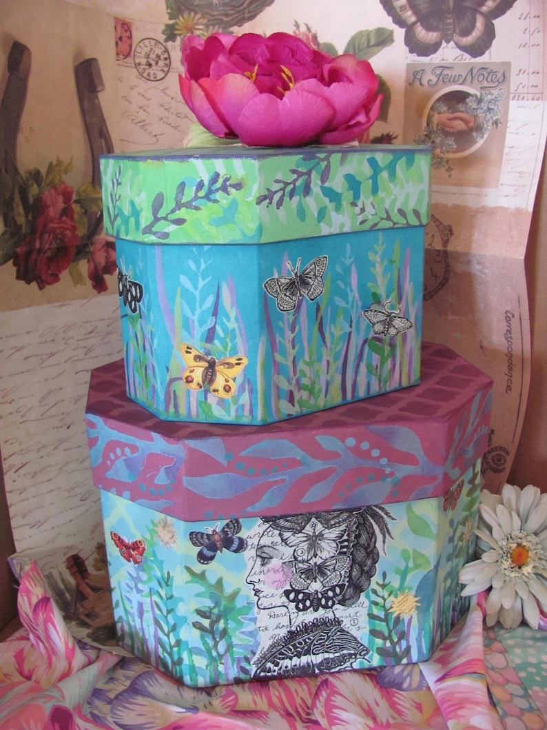 Set of Two Hand Painted and Collaged Paper Mache Boxes by Lynne ...