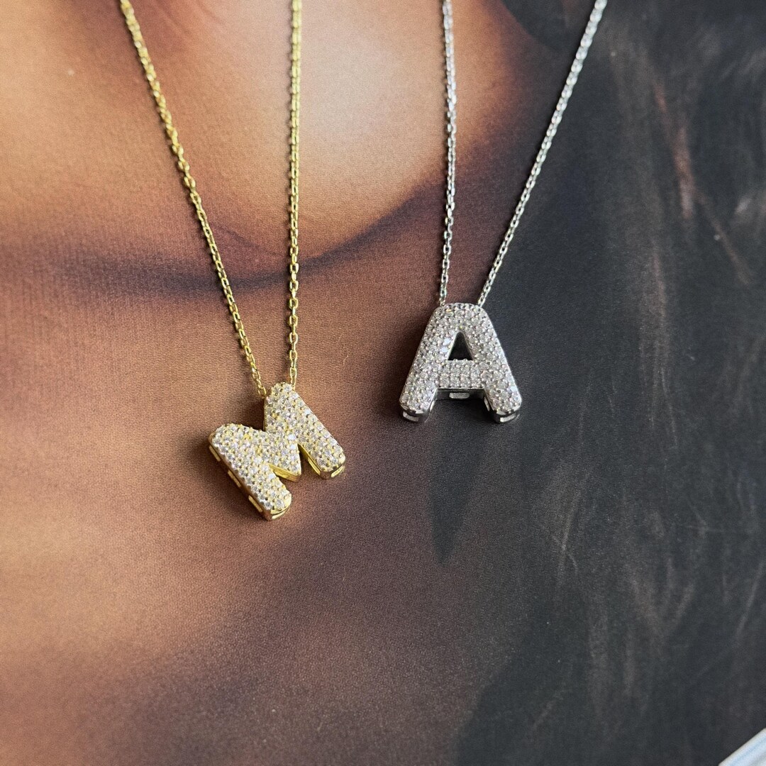 Pave Bubble Diamond Initial Necklace A-Z, Bubble Letter Necklace, CZ ...