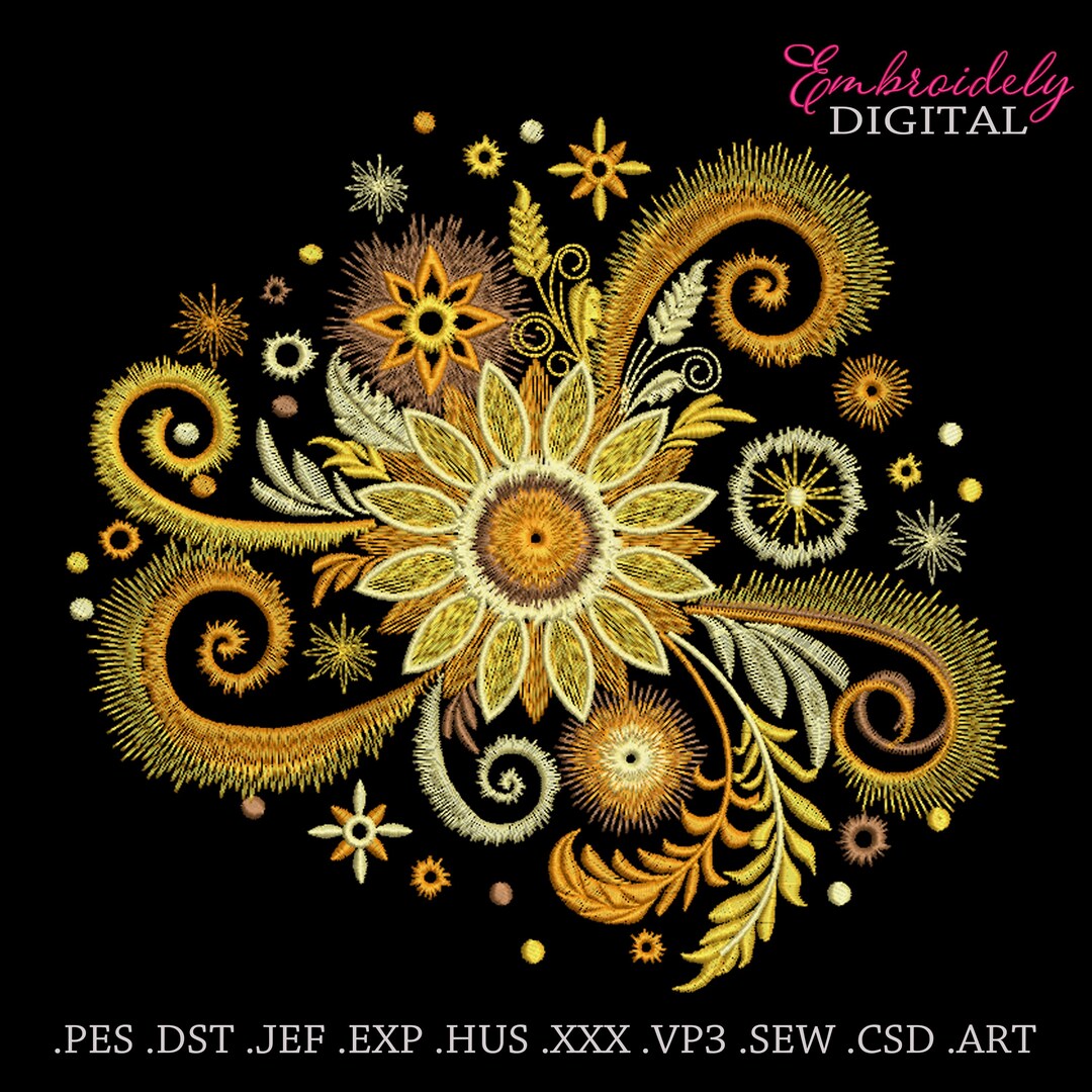 Gold Sunflower Machine Embroidery Design: Magic Solar Pattern, 10 Sizes ...