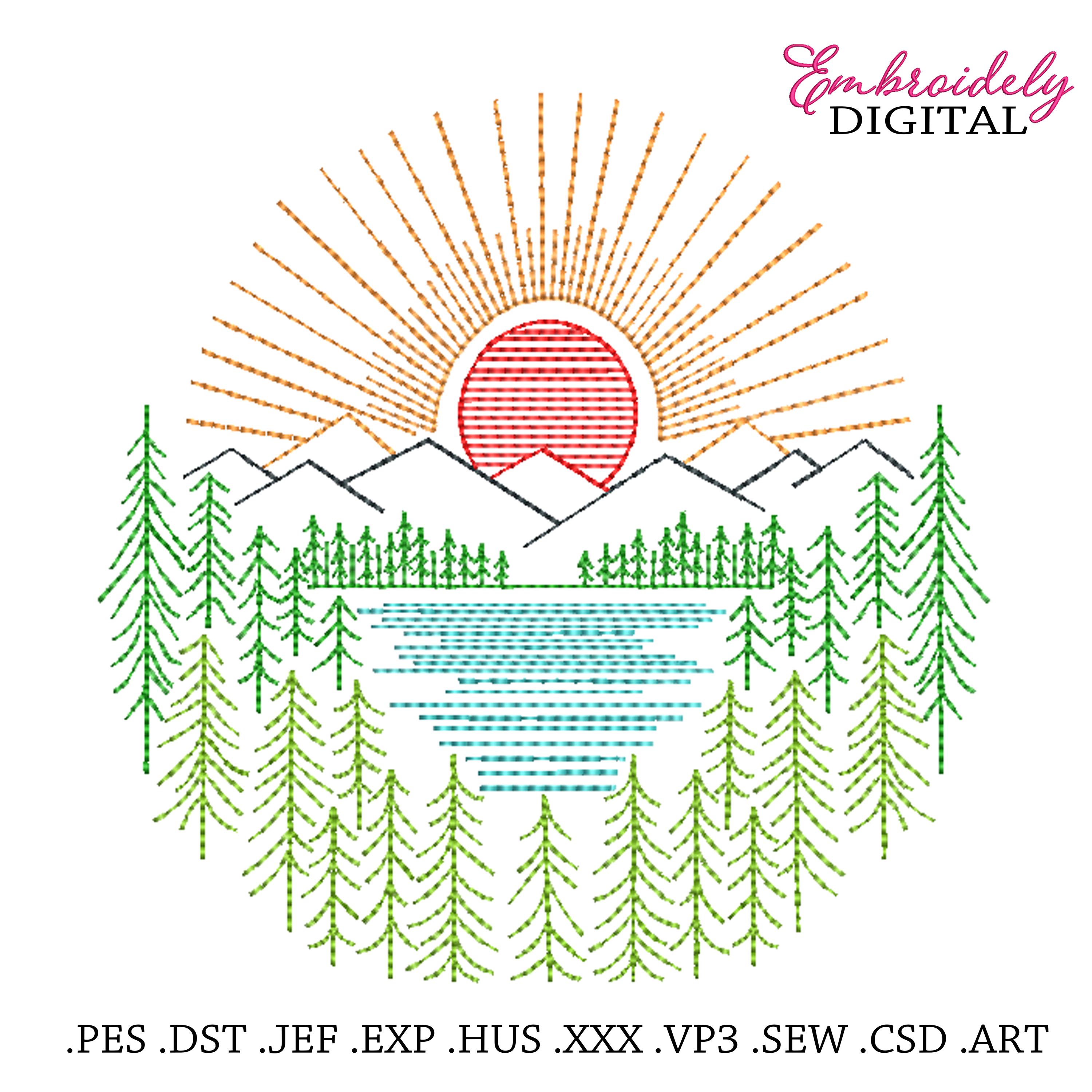 Forest Lake Embroidery Design: Nature Scene (PES, 10 Sizes) (digital ...
