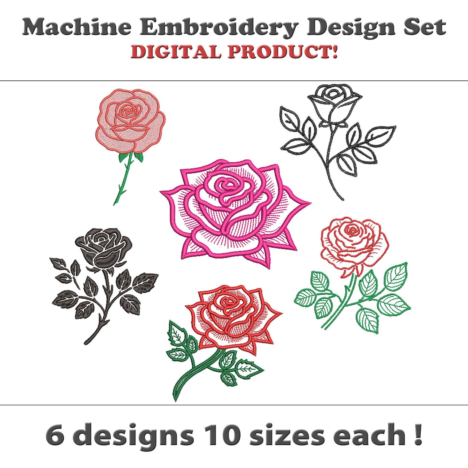 6 Roses Set Embroidery Designs, Roses Set of 6, Flowers Set Machine ...