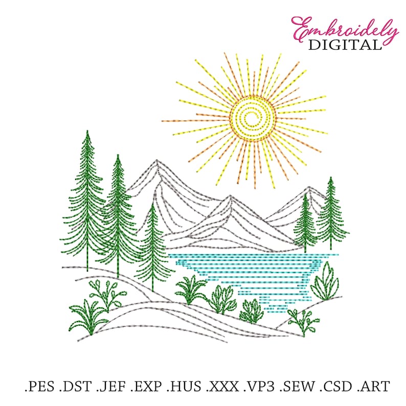 Nature Landscape Embroidery Design: Forest, Lake, Mountains, Sun ...