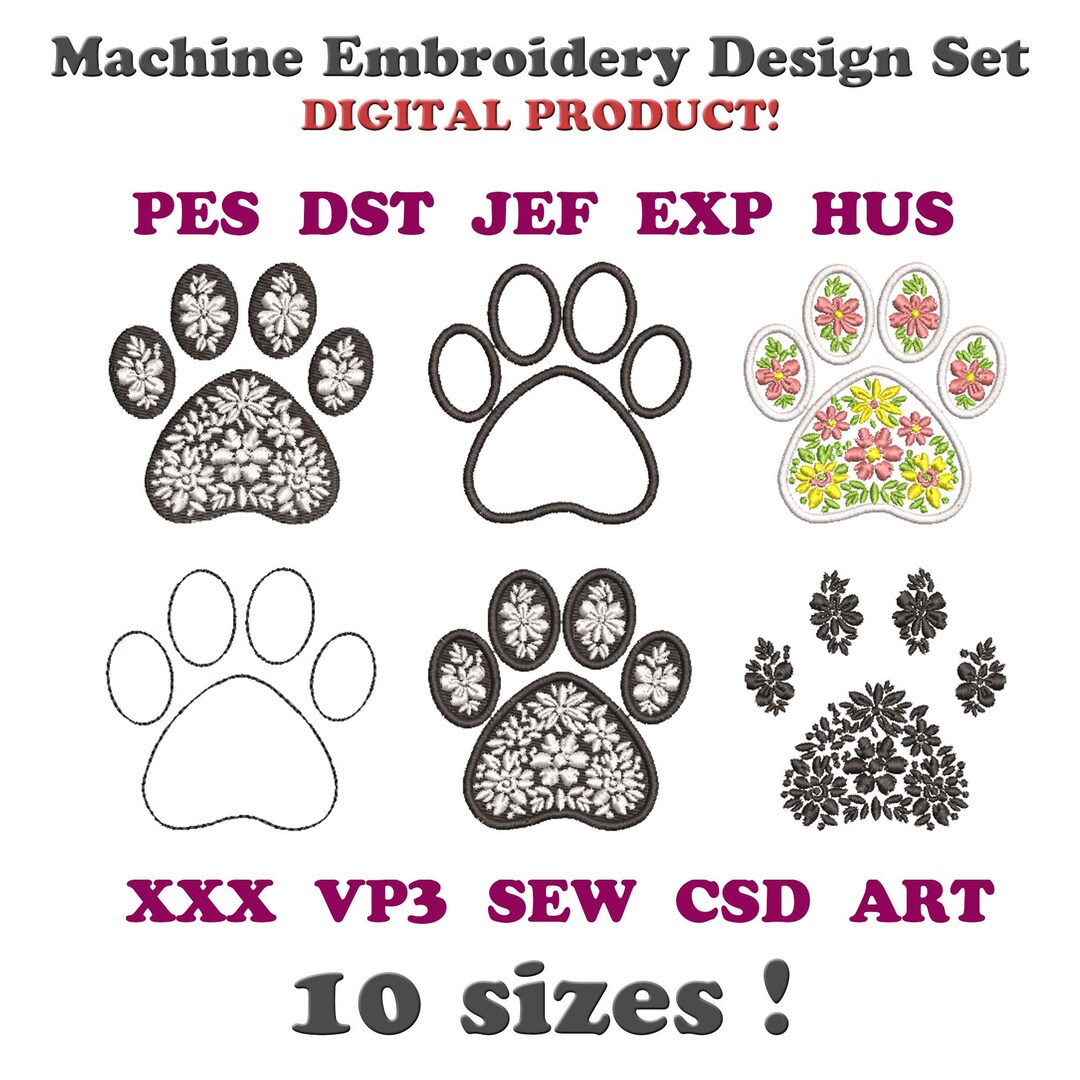 Floral Paw Print Embroidery Designs: Applique Set (digital Download) - Etsy