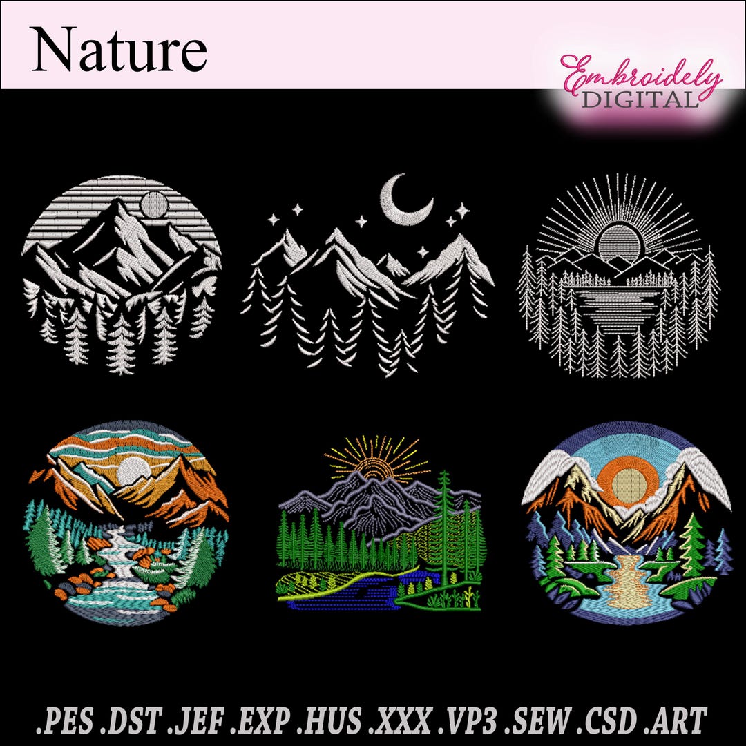 6 Pcs Set! Nature Embroidery Designs: Mountain Landscape (digital ...