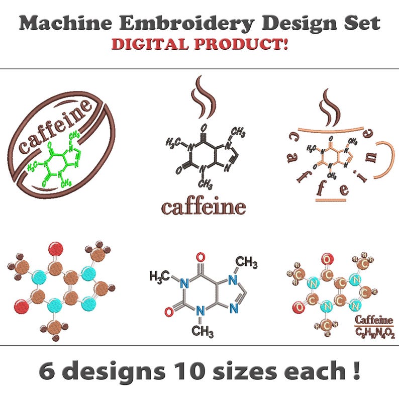 Caffeine Molecule Embroidery Designs: Coffee Print Set (digital ...