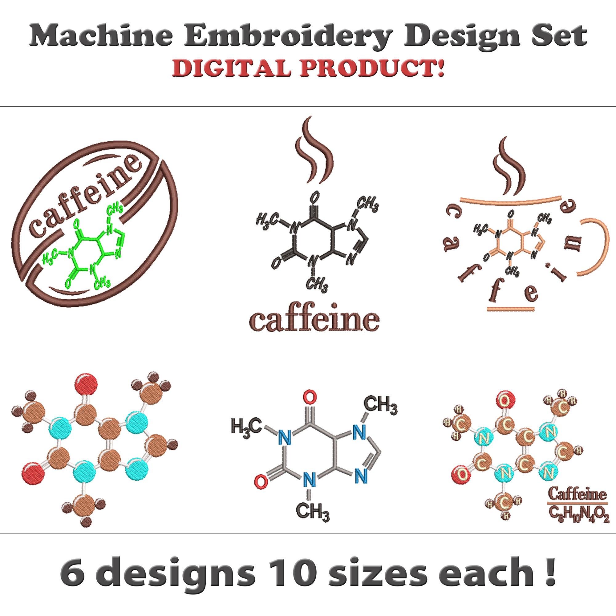 Caffeine Molecule Embroidery Designs: Coffee Print Set (digital ...