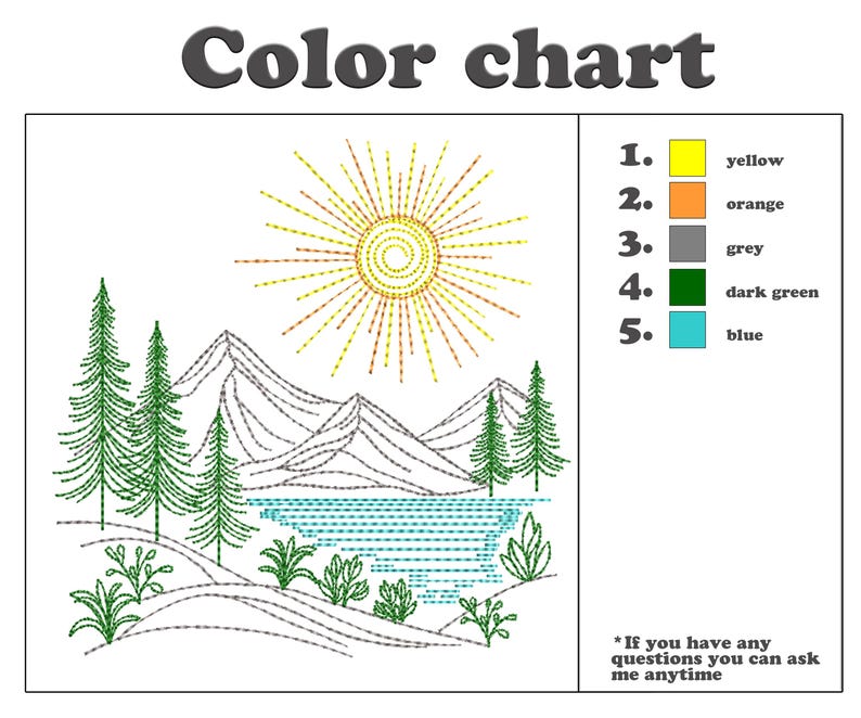 Nature Landscape Embroidery Design: Forest, Lake, Mountains, Sun ...