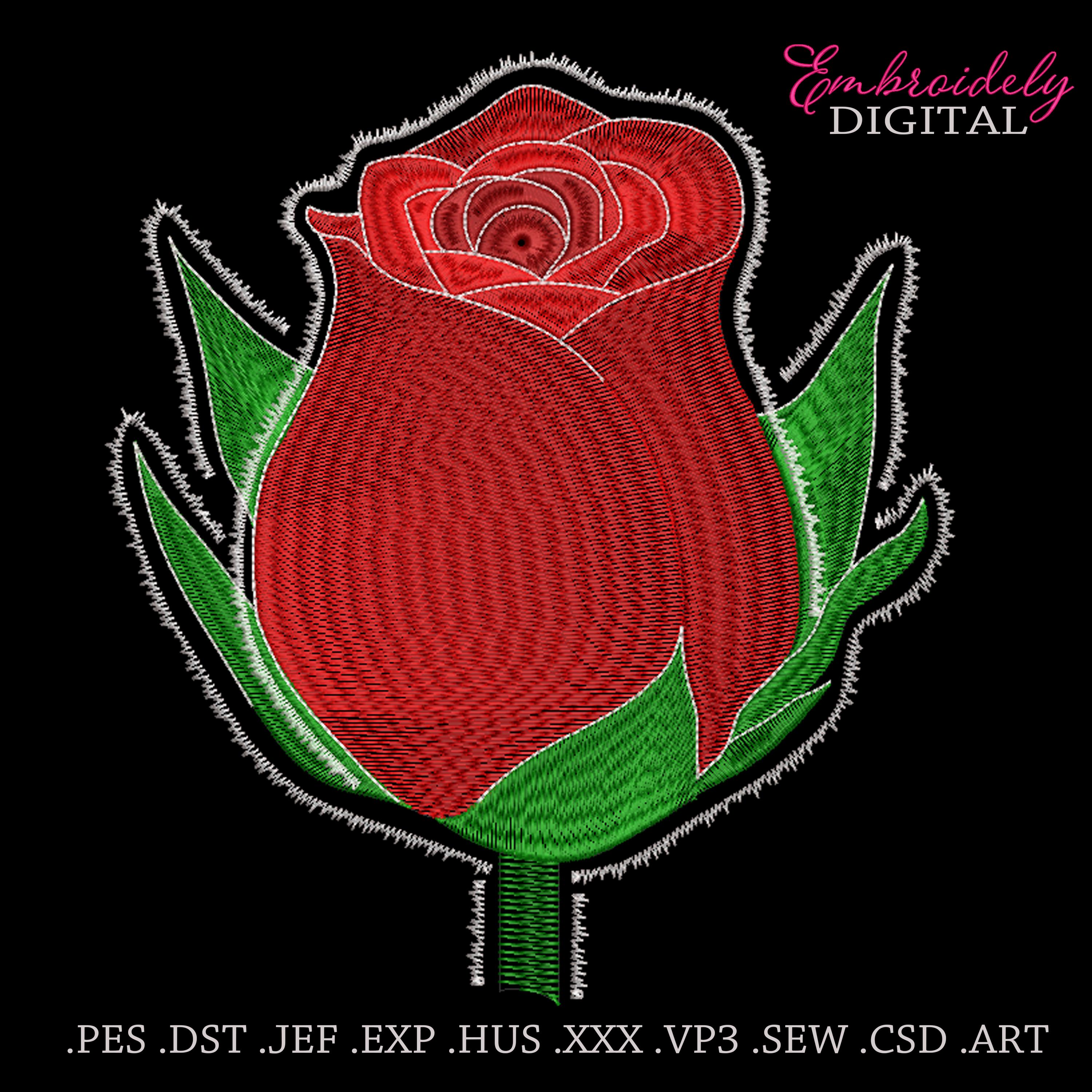 Realistic Rosebud Embroidery Design: Customizable Colors, Multiple ...