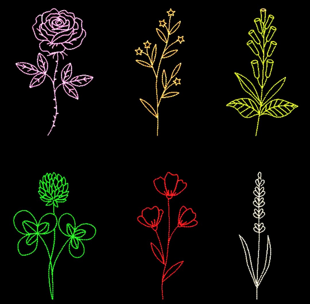 Wildflower Embroidery Designs Run Stich Easy Embroidered Line Art ...