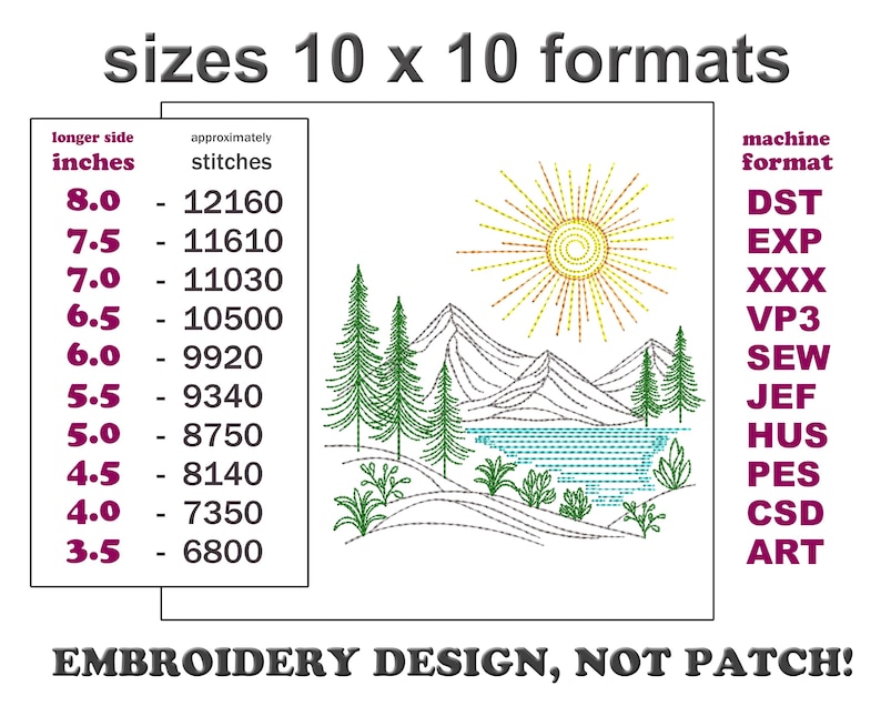 Nature Landscape Embroidery Design: Forest, Lake, Mountains, Sun ...