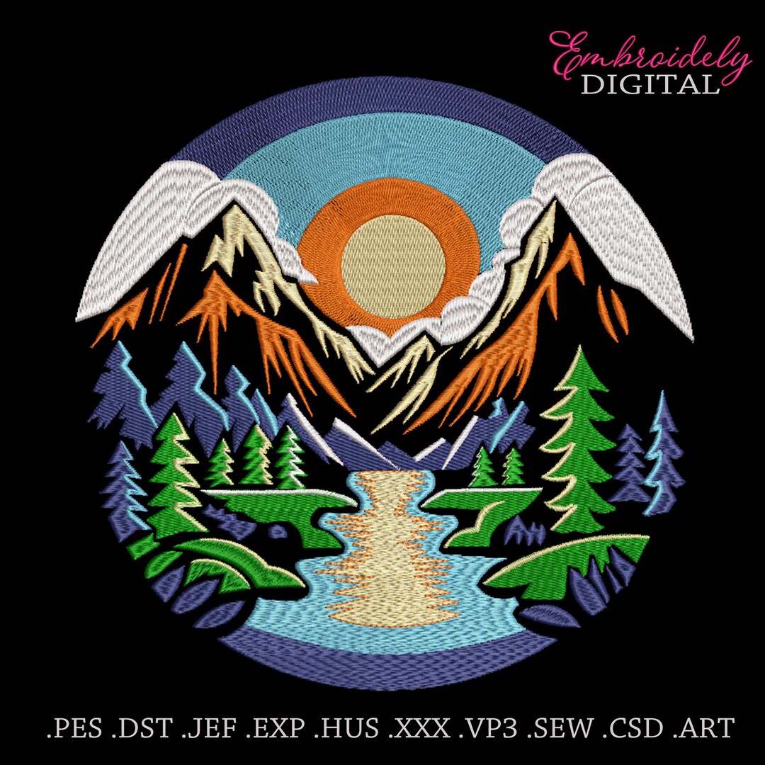 Scenic Nature Embroidery Design – Sunset, Mountains, River & Forest ...