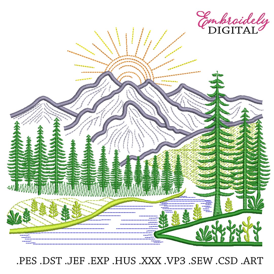 Forest Embroidery Design: Pine Trees, Mountains, Lake (digital File) - Etsy