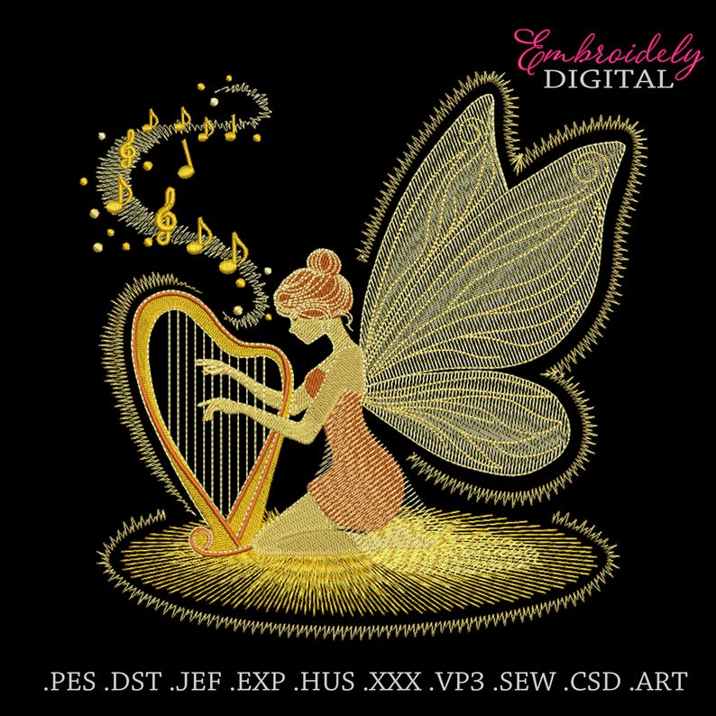 Gold Harp Fairy Machine Embroidery Design: Enchanting Fantasy Art ...