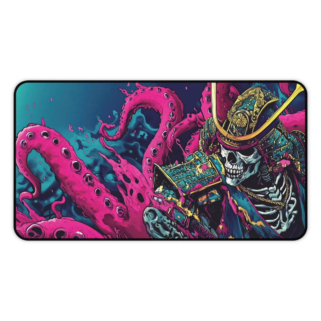Skeleton Samurai Desk Mat, Vibrant Pink Blue Comic Book Style ...