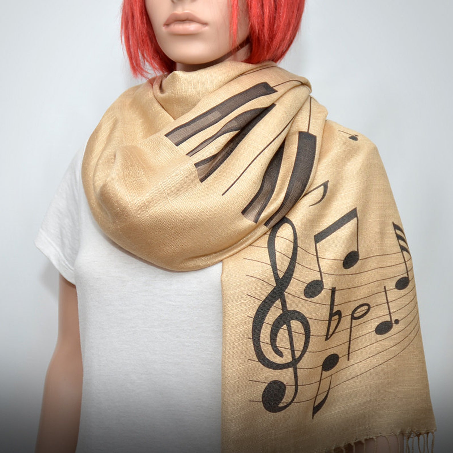 Music Scarf, Piano Scarf, Cream Beige Scarf, Music Notes Scarf, Long ...