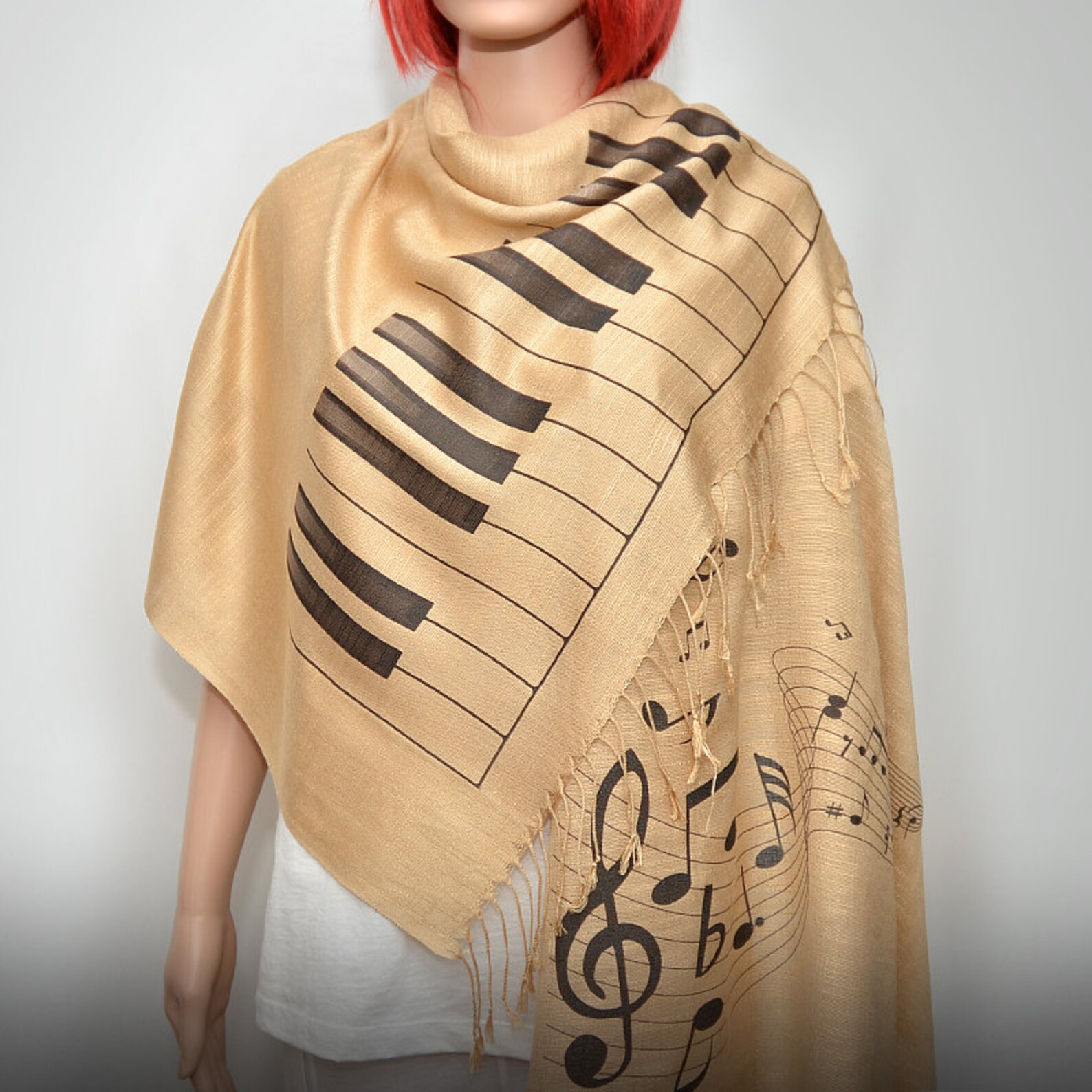 Music Scarf, Piano Scarf, Cream Beige Scarf, Music Notes Scarf, Long ...