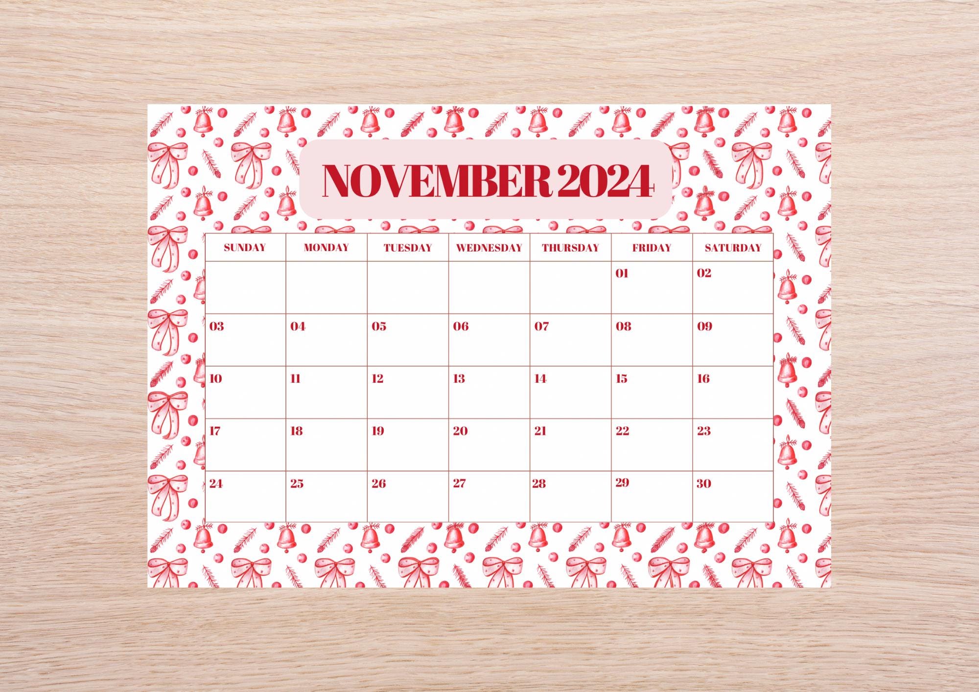 Printable November 2024 A4 Calendar Monthly Planner Festive Holidays ...