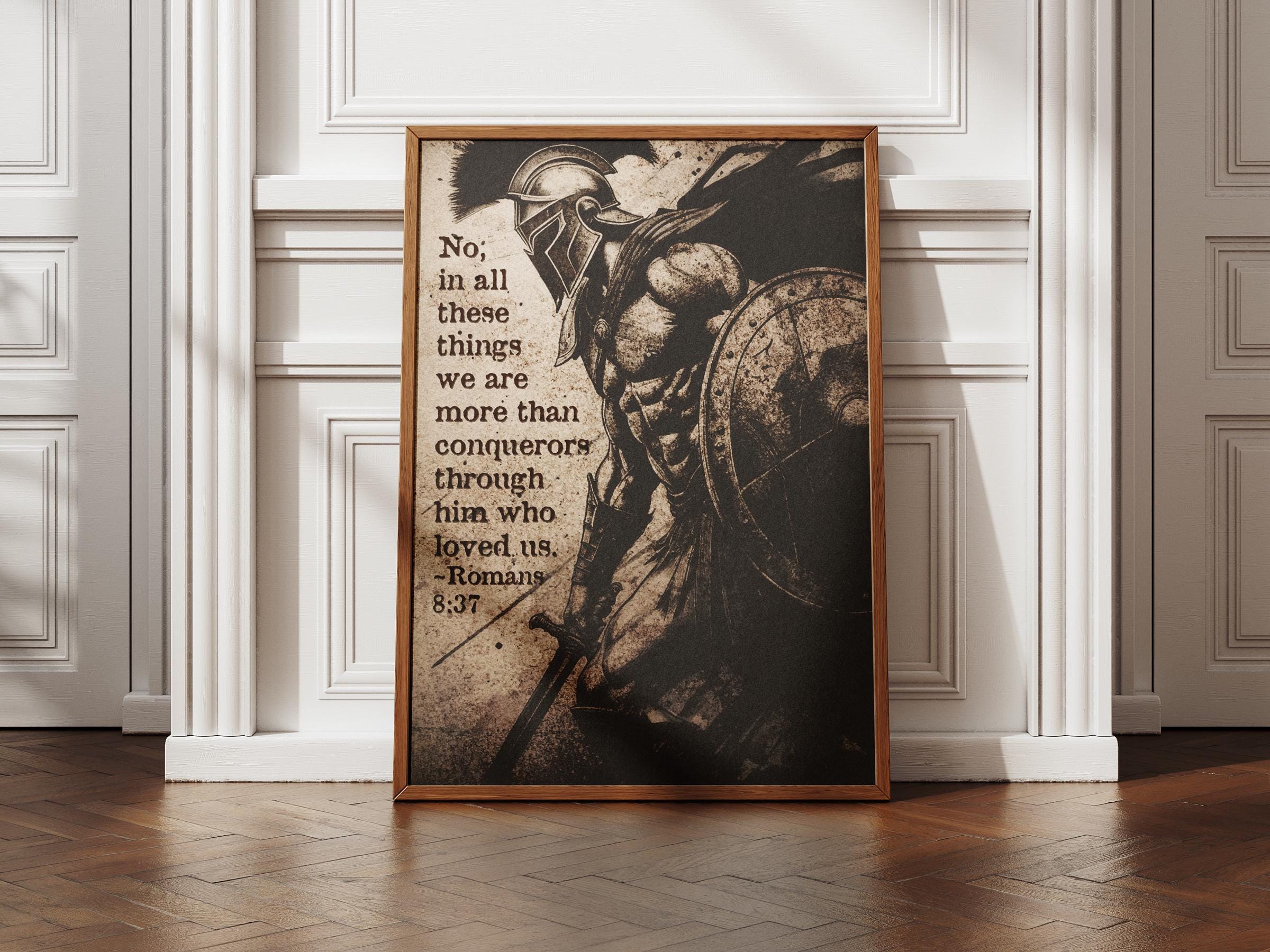 Romans 8:37 Bible Verse Art | Conqueror Spartan Warrior Digital Print ...