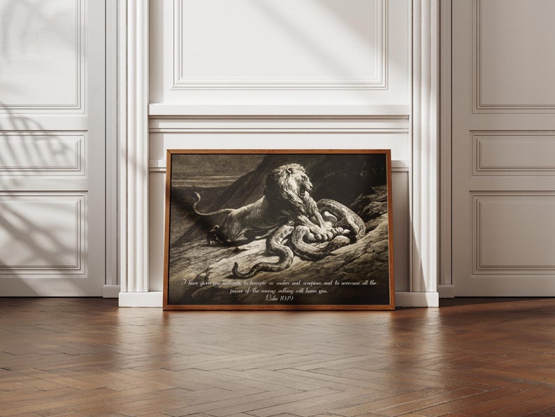 Luke 10:19 Bible Verse Art Print Originally Lion Attacking A Large ...