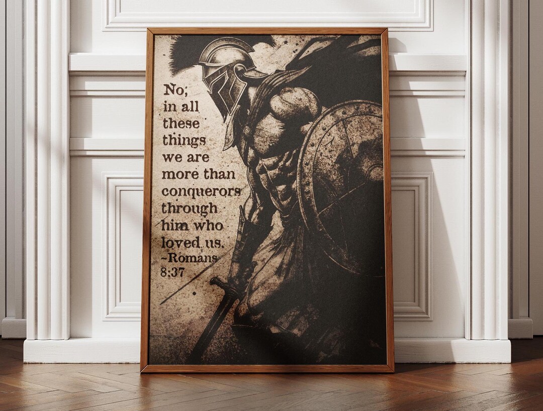 Romans 8:37 Bible Verse Art Conqueror Spartan Warrior Digital Print ...