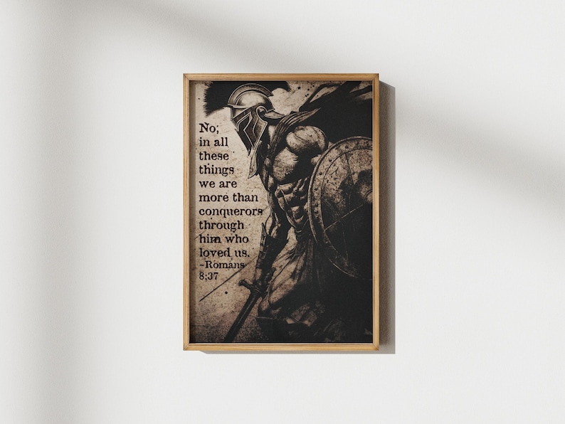 Romans 8:37 Bible Verse Art | Conqueror Spartan Warrior Digital Print ...