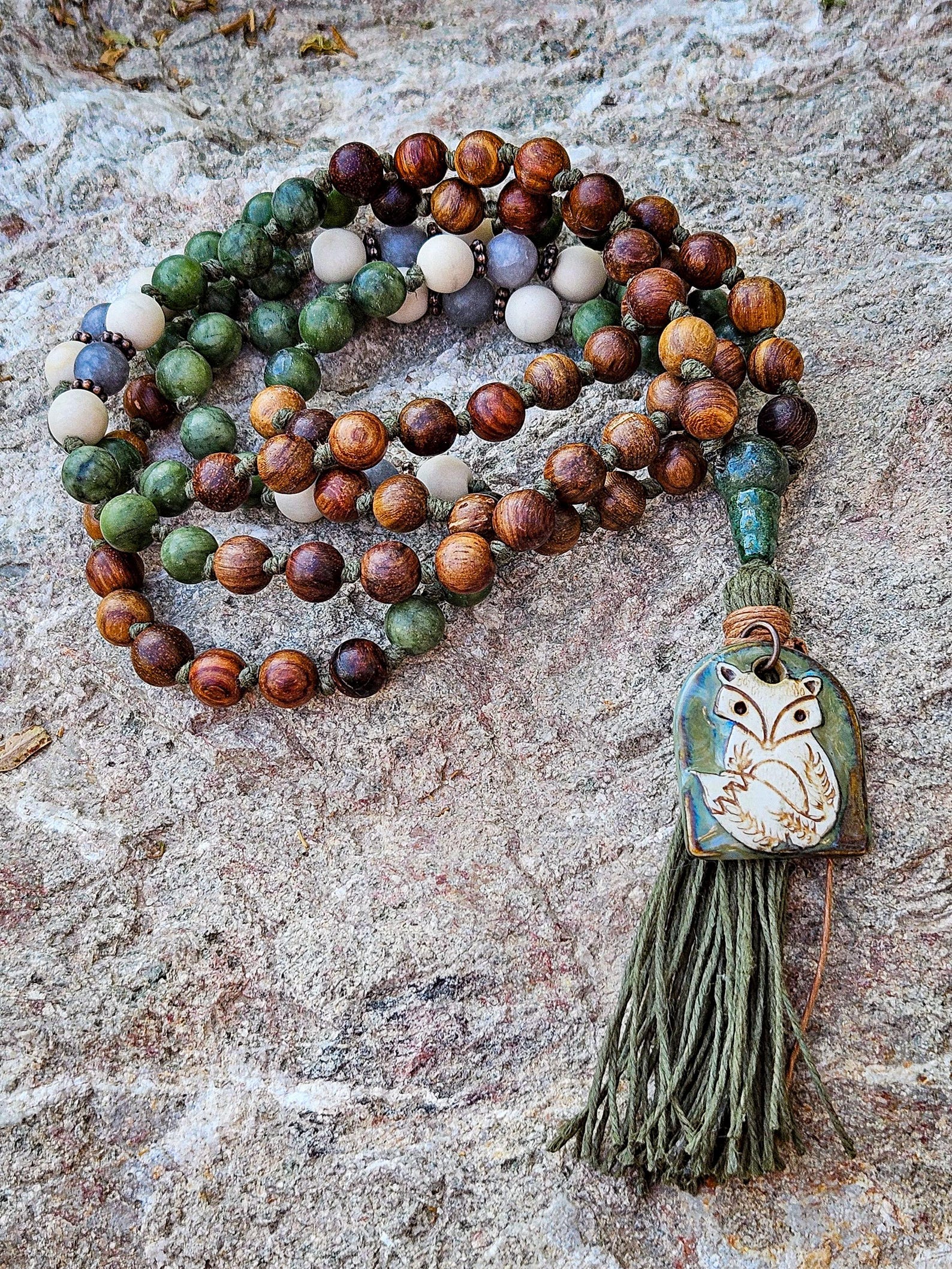 Woodland Wisdom Mala Raw Burma Wood, Matte Jadeite & Green Serpentine ...
