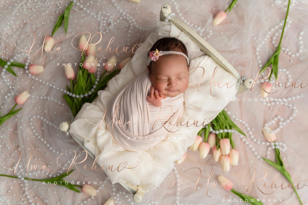 Newborn Digital Backdrop Dreamy Pearls Tulips and Tulle Dusky Pink Baby ...
