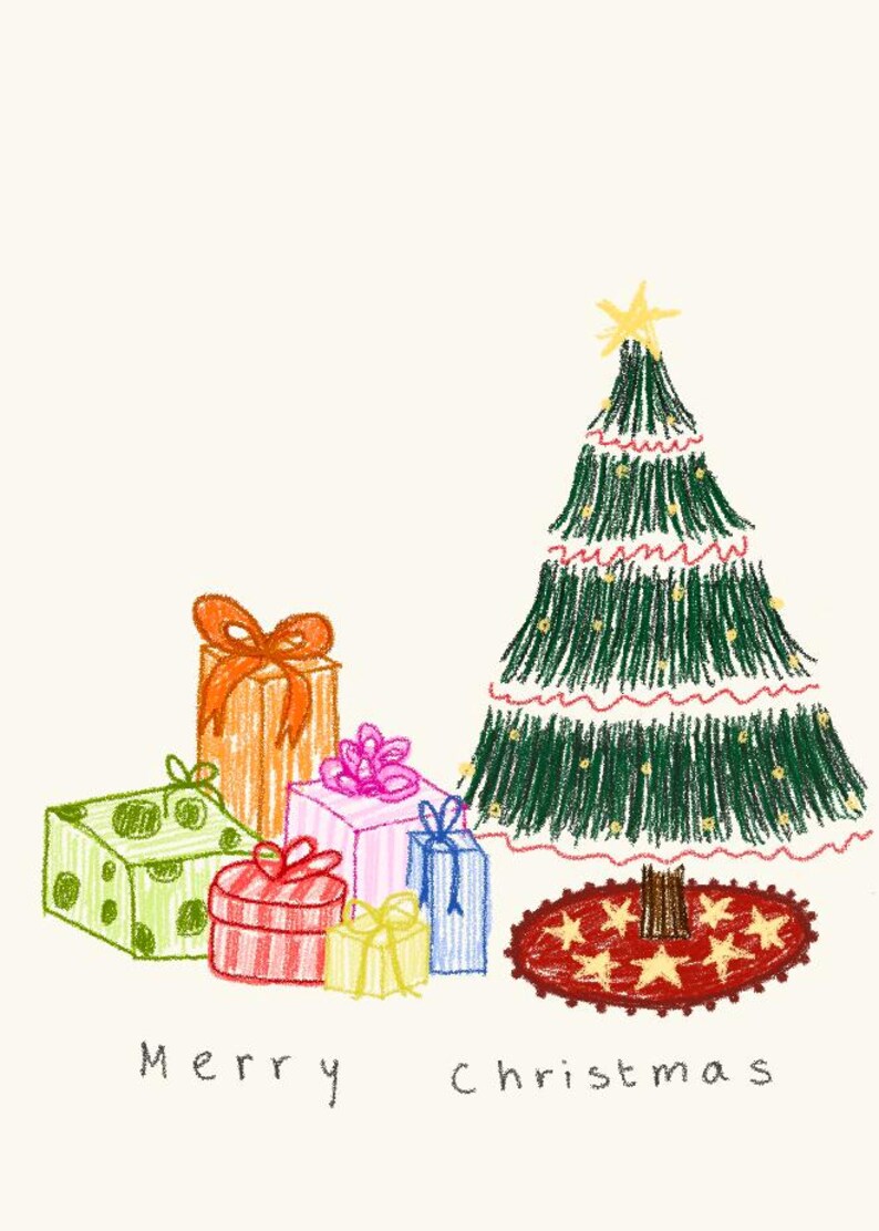 Hand Drawn Christmas Tree and Present Merry Christmas Card | Digital ...
