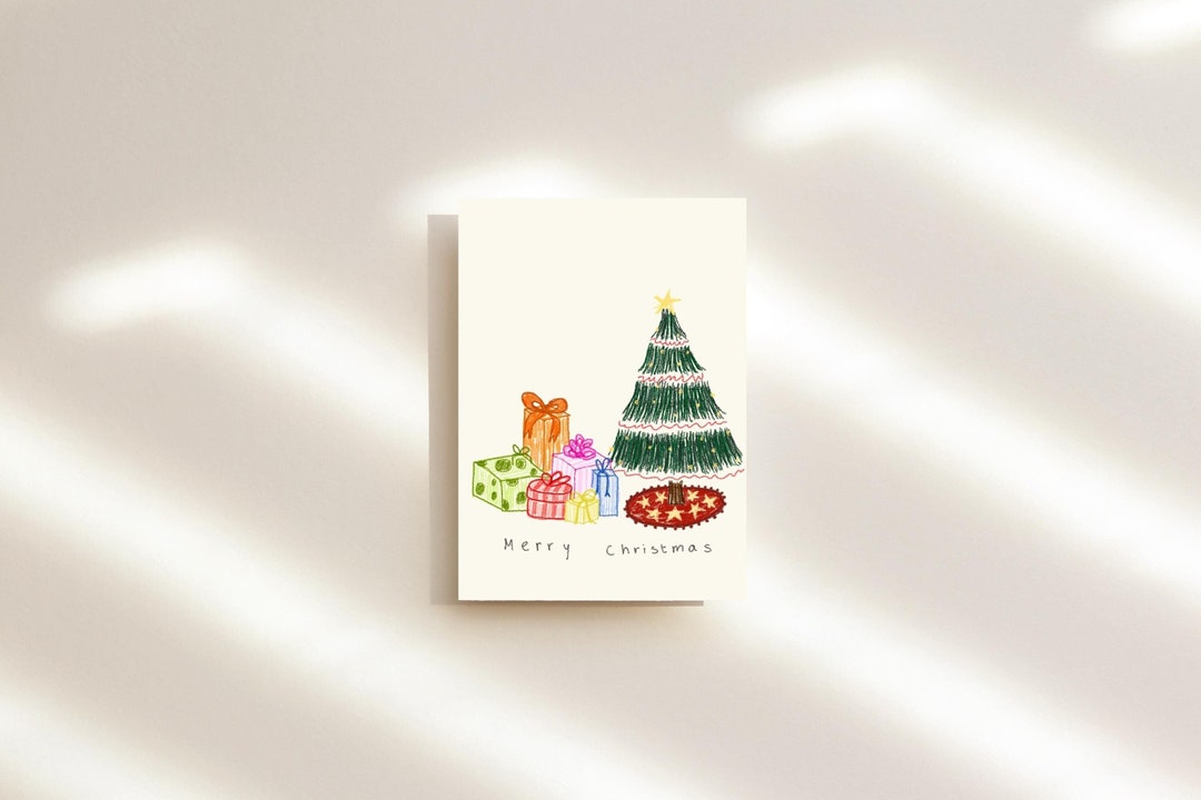 Hand Drawn Christmas Tree and Present Merry Christmas Card | Digital ...
