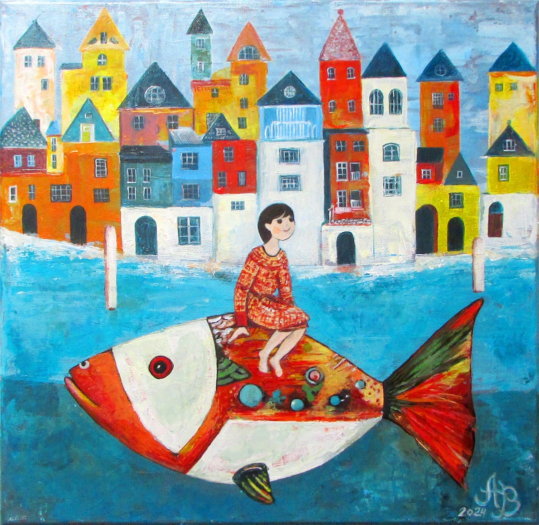 Dreamy Journey I Naive Art I Girl on Fish, Colorful Houses, Painting I ...