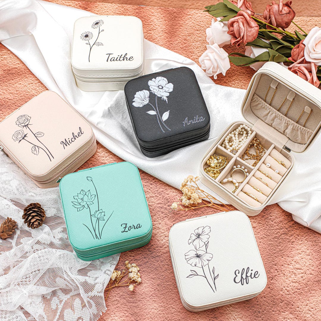 Birth Flower Jewelry Box, Personalized Name Jewelry Case, Birthday ...