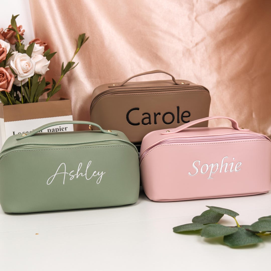 Personalized Leather Makeup Bag Embroidery, Large Cosmetic Bag ...