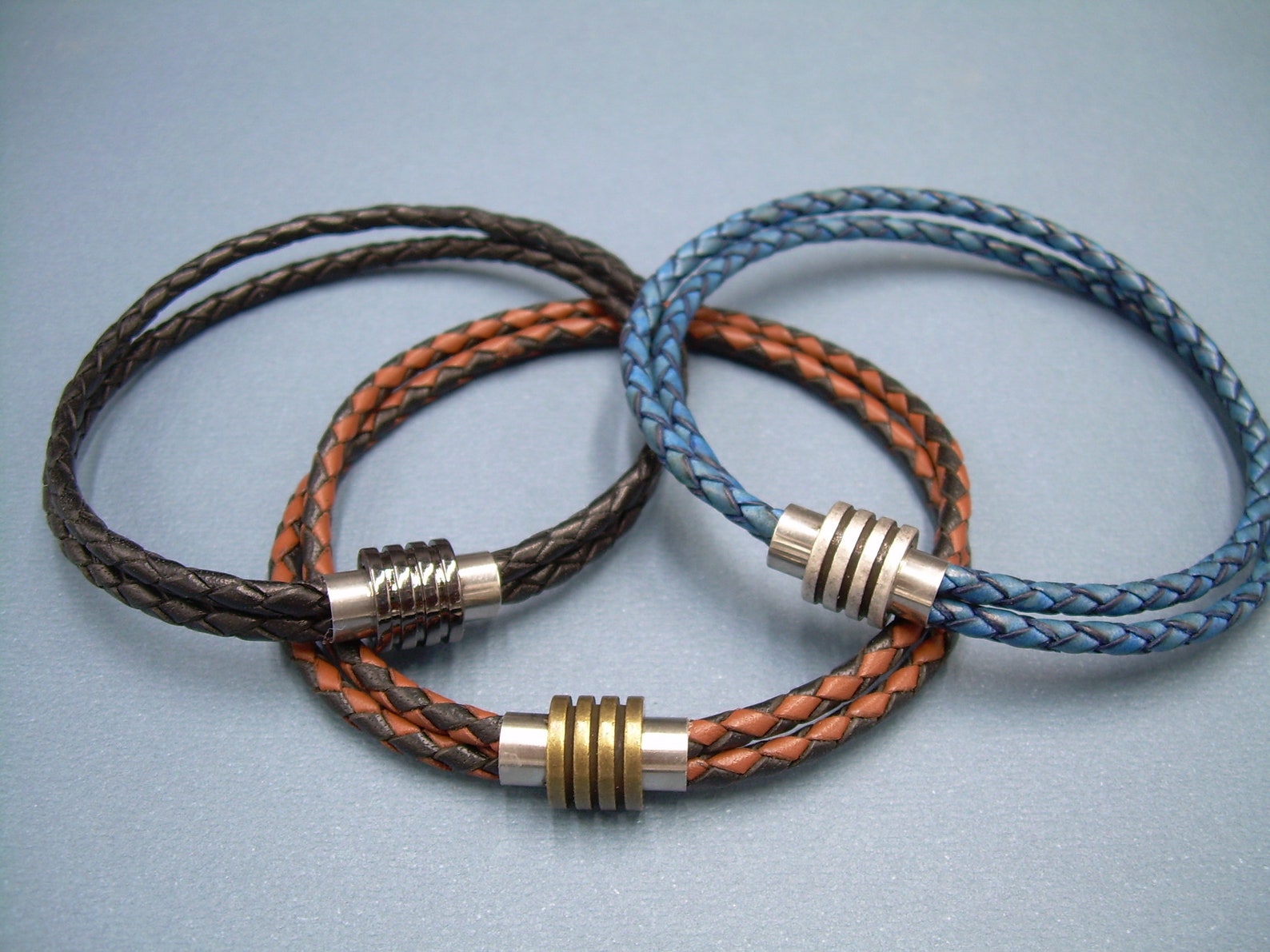 Double Strand Braided Leather Bracelet: Stainless Steel Magnetic Clasp ...