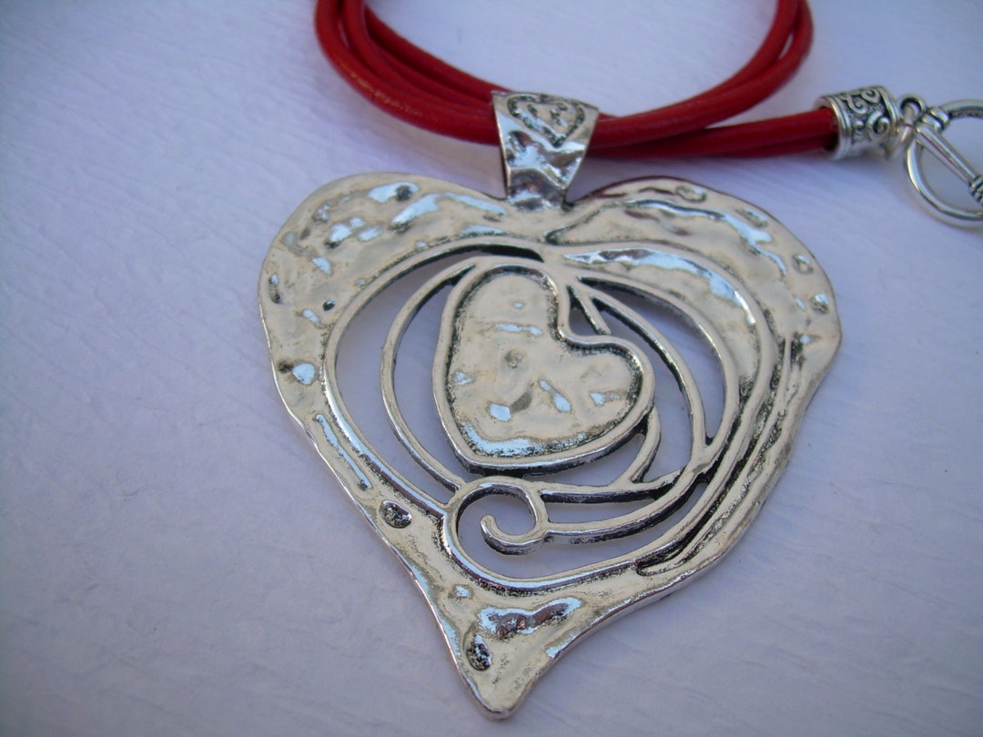 Long Red Heart Necklace, Genuine Leather Cord Choker, Large Heart ...