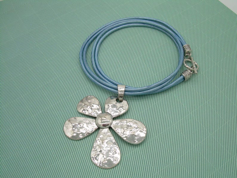 Oversized Flower Pendant Long Necklace: Double Strand Leather Cord ...