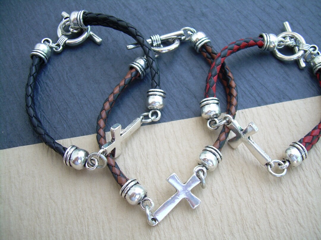 Leather Cross Bracelet: Double Strand Religious Jewelry - Etsy