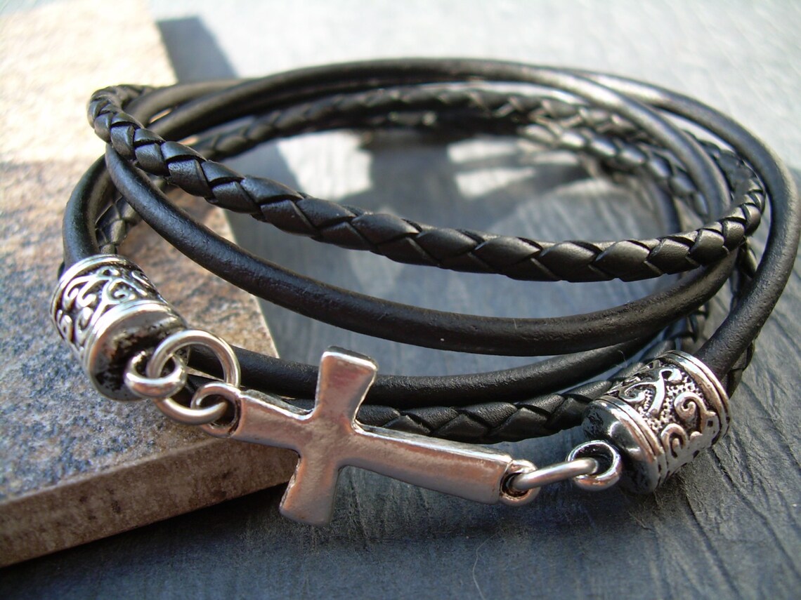 Mens Black Braided Leather Cross Bracelet: Religious Jewelry for Him ...