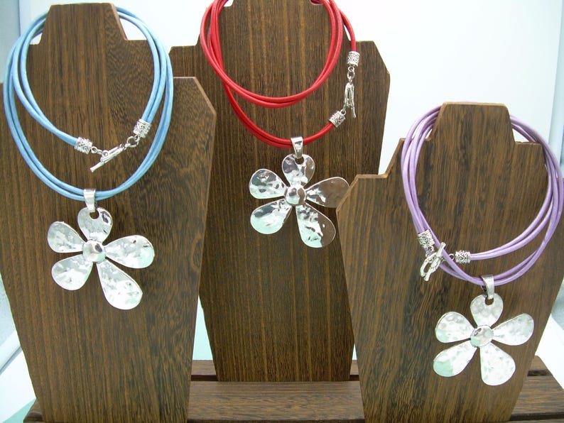 Oversized Flower Pendant Long Necklace: Double Strand Leather Cord ...