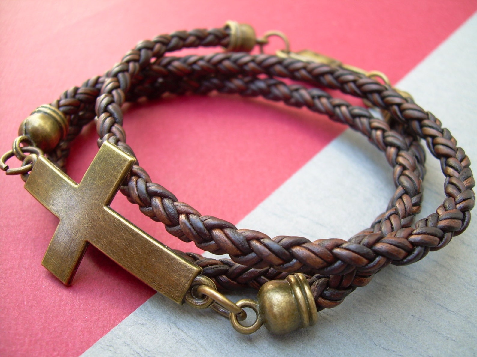 Braided Leather Cross Bracelet: Antique Bronze Clasp, 5mm Cord, Custom ...