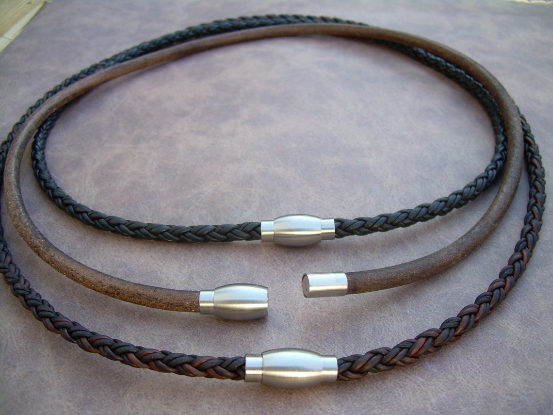 Mens Leather Necklace: Braided Cord With Stainless Steel Magnetic Clasp ...