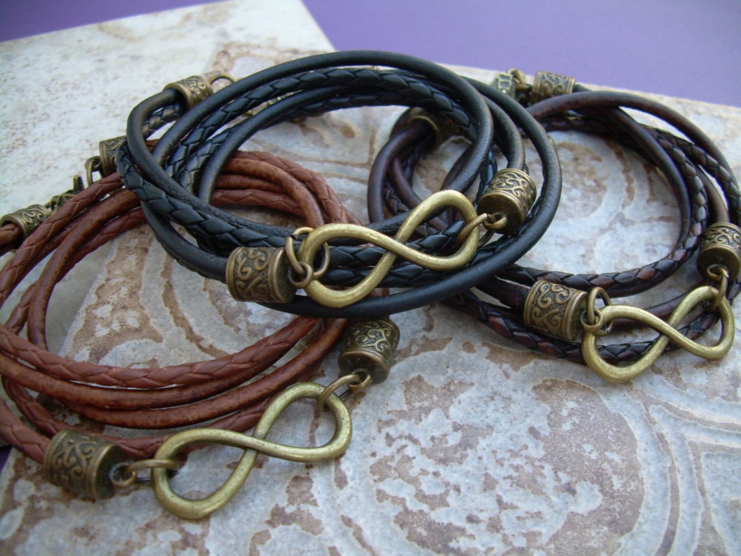 Leather Infinity Bracelet, Braided Triple Wrap, Couples Anniversary ...