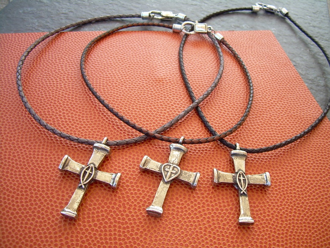 Reversible Cross Pendant: Pewter Christian Fish Leather Necklace - Etsy