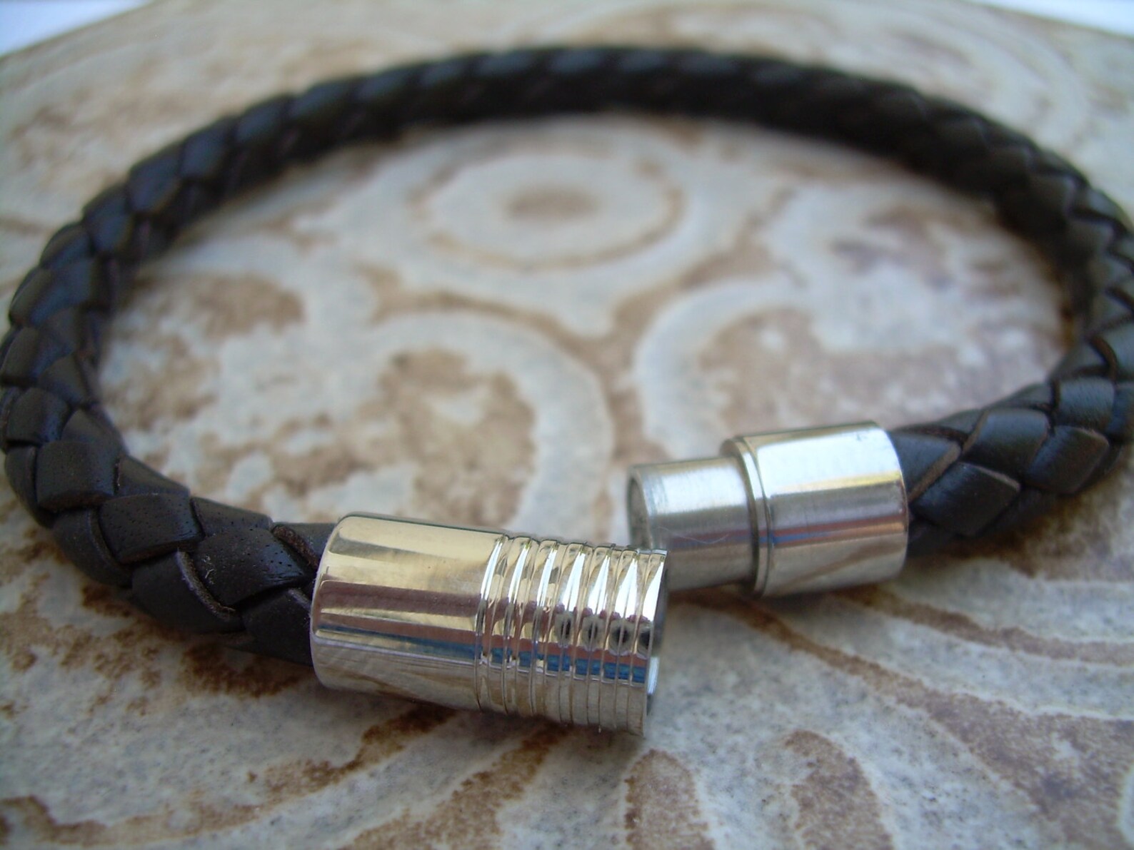 Dark Brown Braided Leather Bracelet With Stainless Steel - Etsy