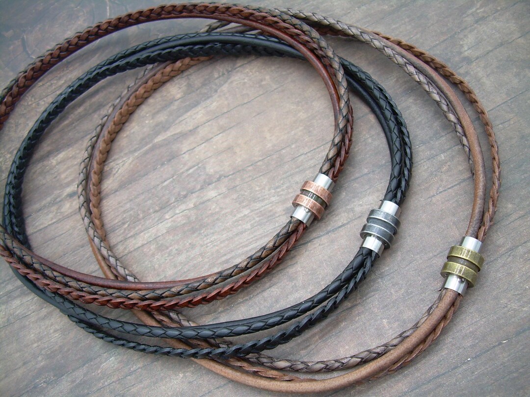 Braided Leather Choker Necklace Multi Strand : Stainless Steel Magnetic ...