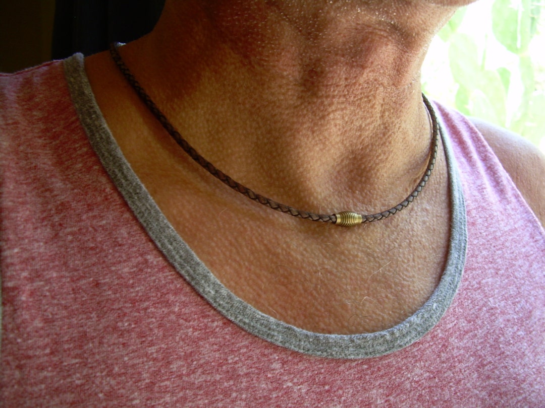 Braided Leather Necklace for Men, Thin Cord With Brass Magnetic Clasp ...