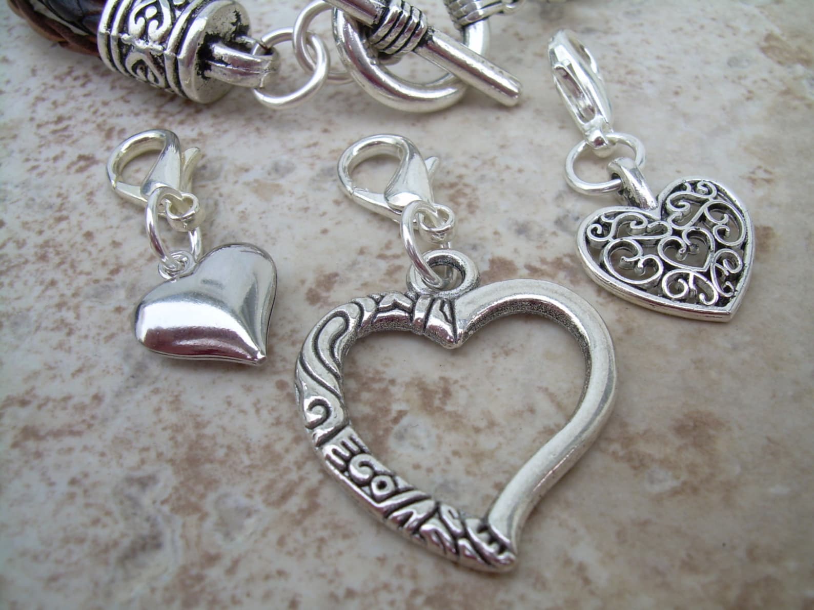 Brown Leather Heart Charm Bracelet: Aged Silver Toggle Clasp - Etsy