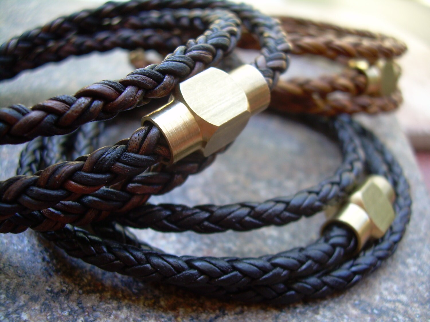 Braided Leather Wrap Bracelet: Raw Brass Clasp, Custom Size - Etsy