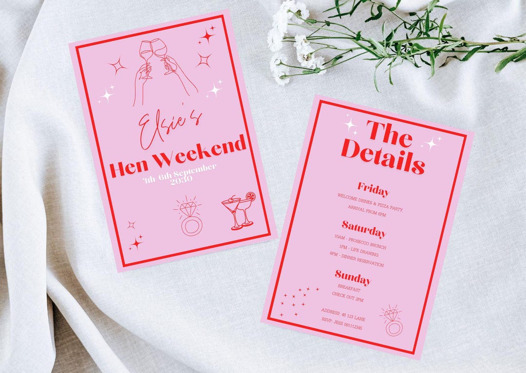 Fun Cute Pink & Red Hen Weekend Itinerary Template . Digital Hen Invite ...