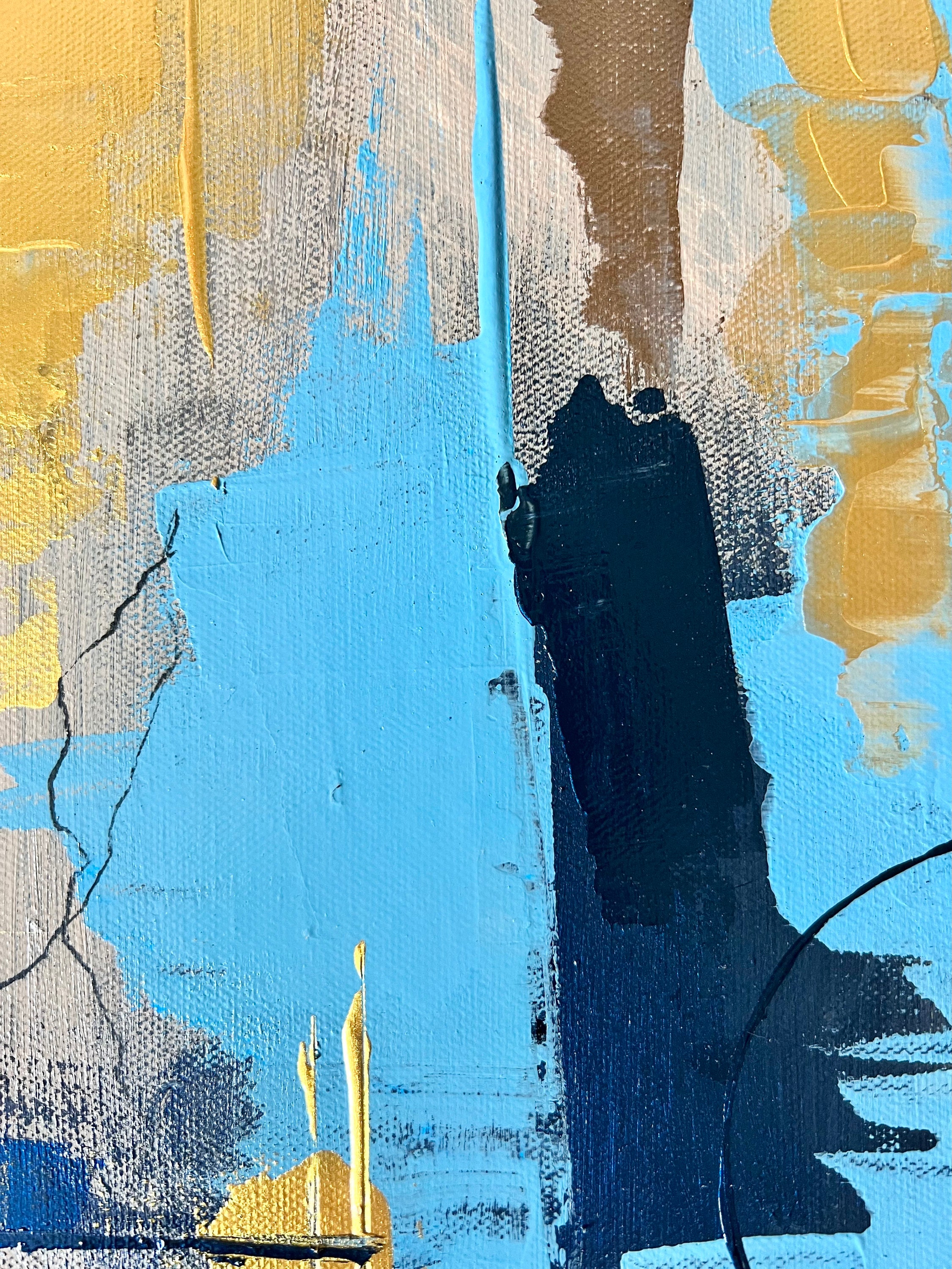 Abstract Acrylic Painting, “hopscotch,” Metallic Gold, Soft Blue, Art ...