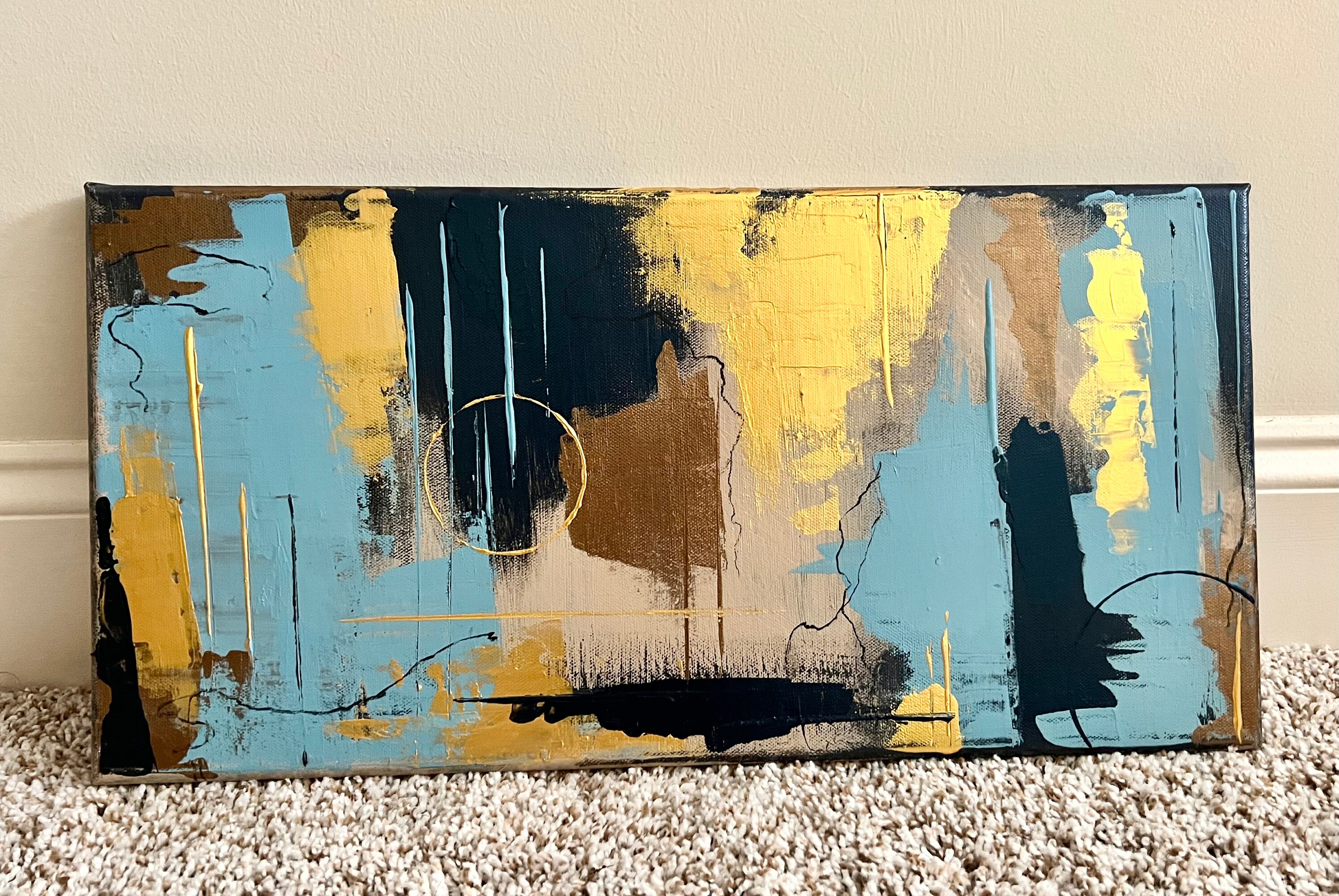 Abstract Acrylic Painting, “hopscotch,” Metallic Gold, Soft Blue, Art ...